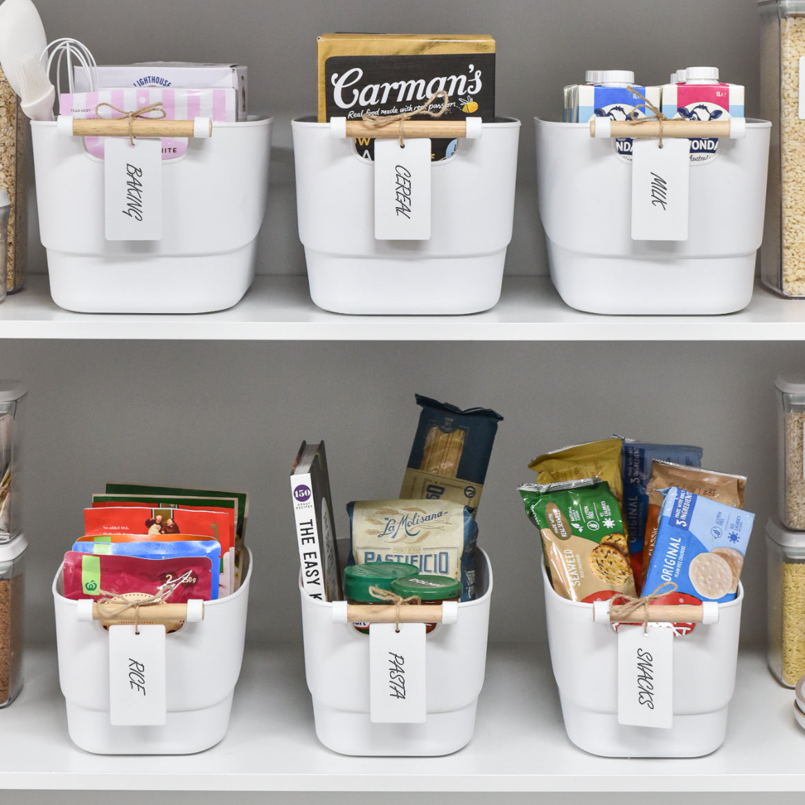White Pantry Storage Tub w/ Wooden Handle - Mixed 6 Pack