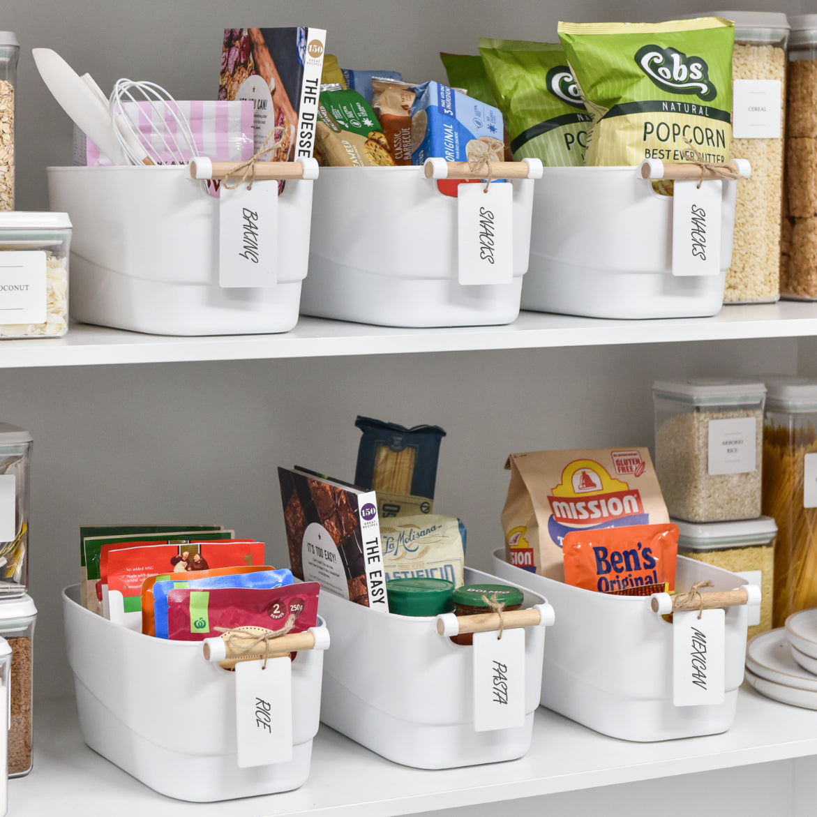 Medium White Pantry Storage Tub w/ Wooden Handle - 6 Pack