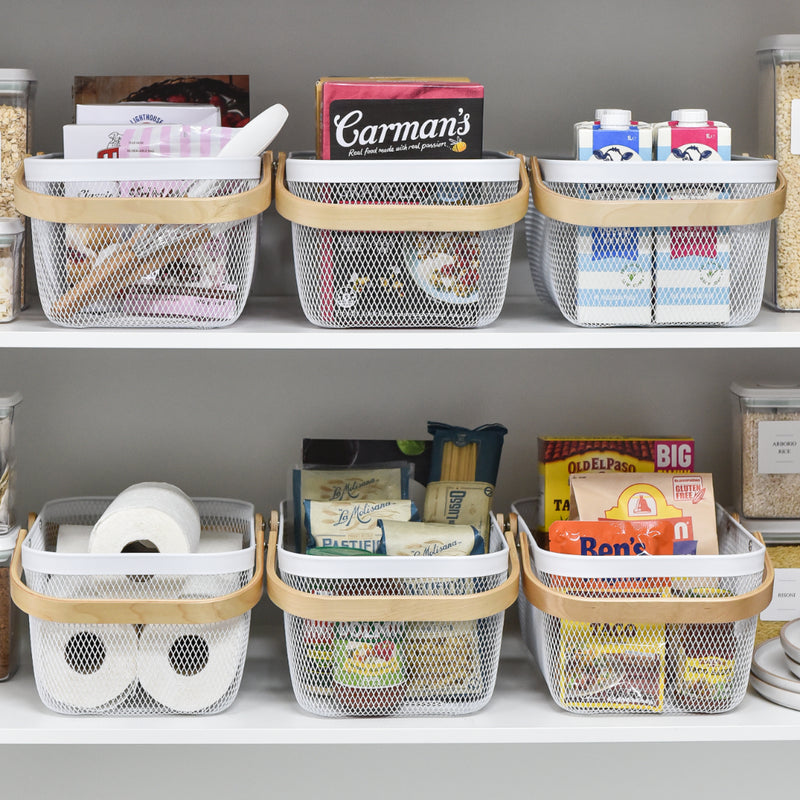 White Mesh Storage Basket & Wooden Handle - 6 Pack