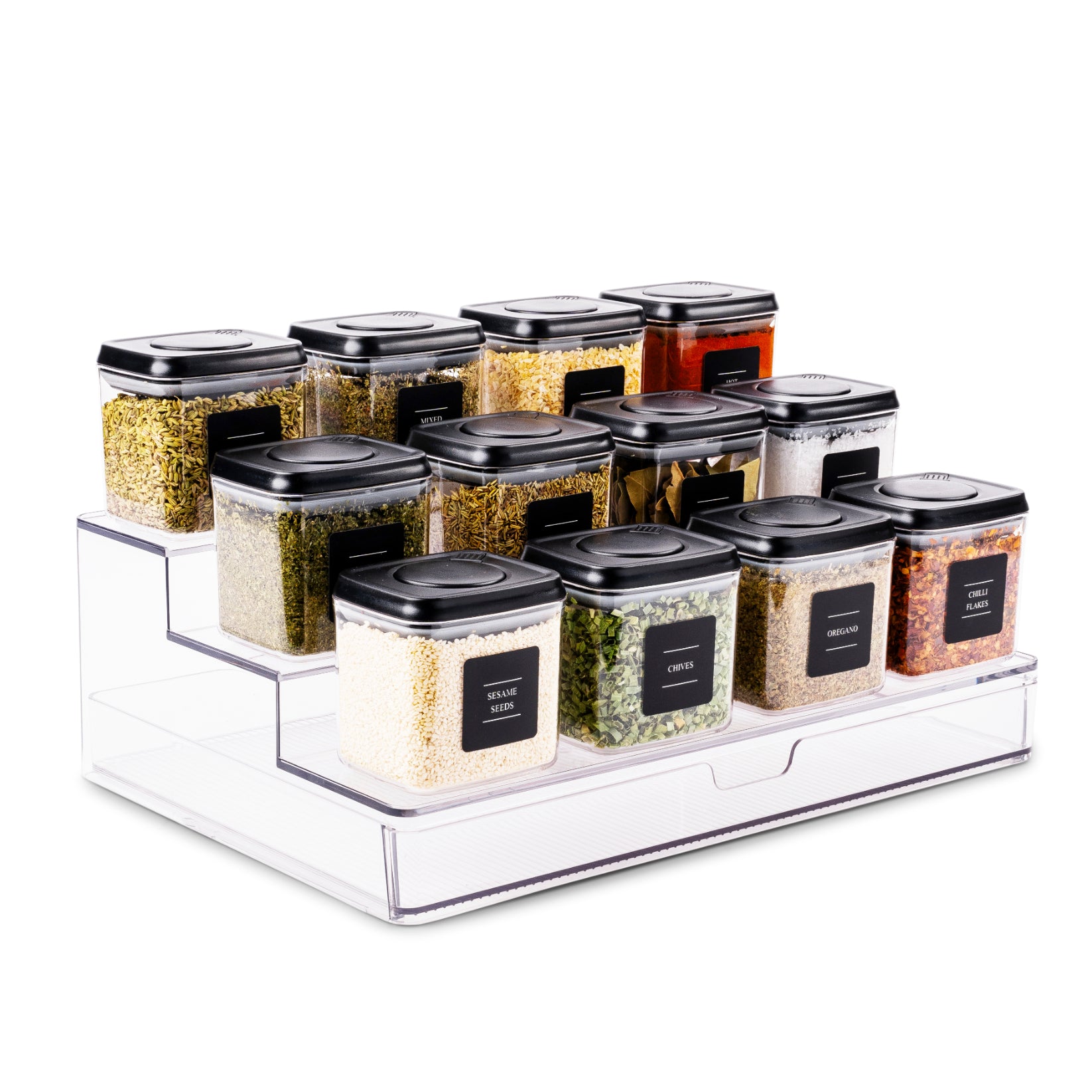 Push Top Spice Container Set Large | Airtight | Black Lid