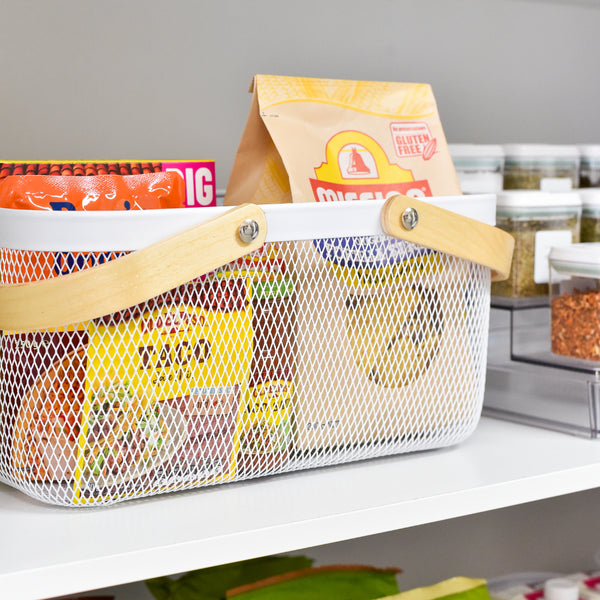White Mesh Storage Basket & Wooden Handle - 6 Pack