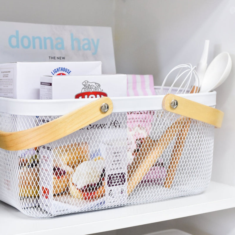 Large White Mesh Storage Basket w/ Wooden Handle