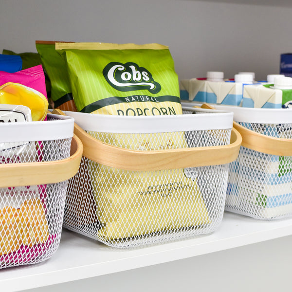 Large White Mesh Storage Basket w/ Wooden Handle
