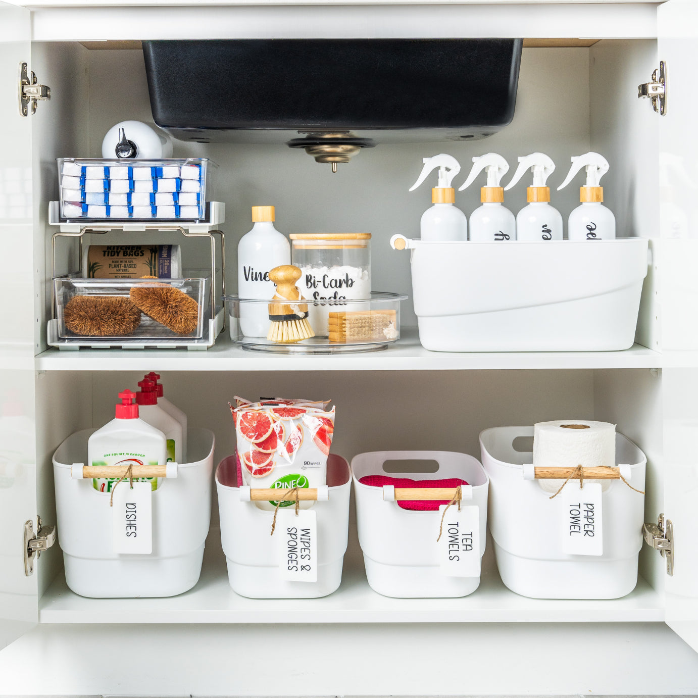 White Pantry Storage Tub w/ Wooden Handle - Mixed 6 Pack