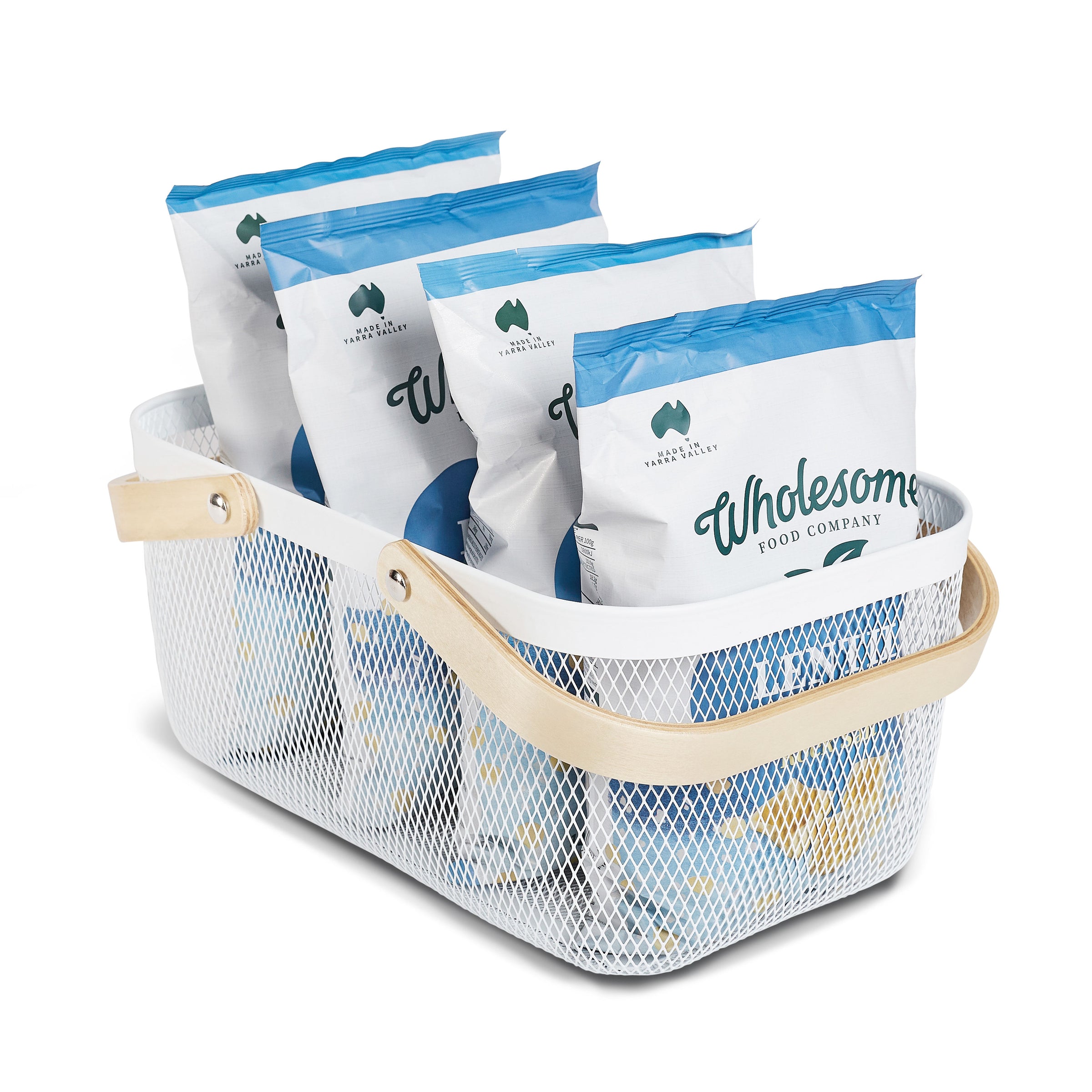 Large White Mesh Storage Basket w/ Wooden Handle