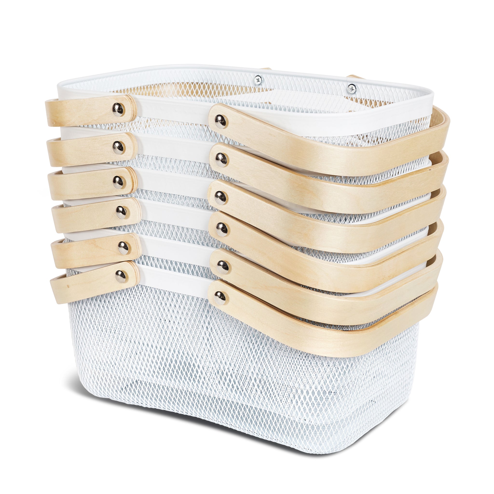 White Mesh Storage Basket & Wooden Handle - 6 Pack