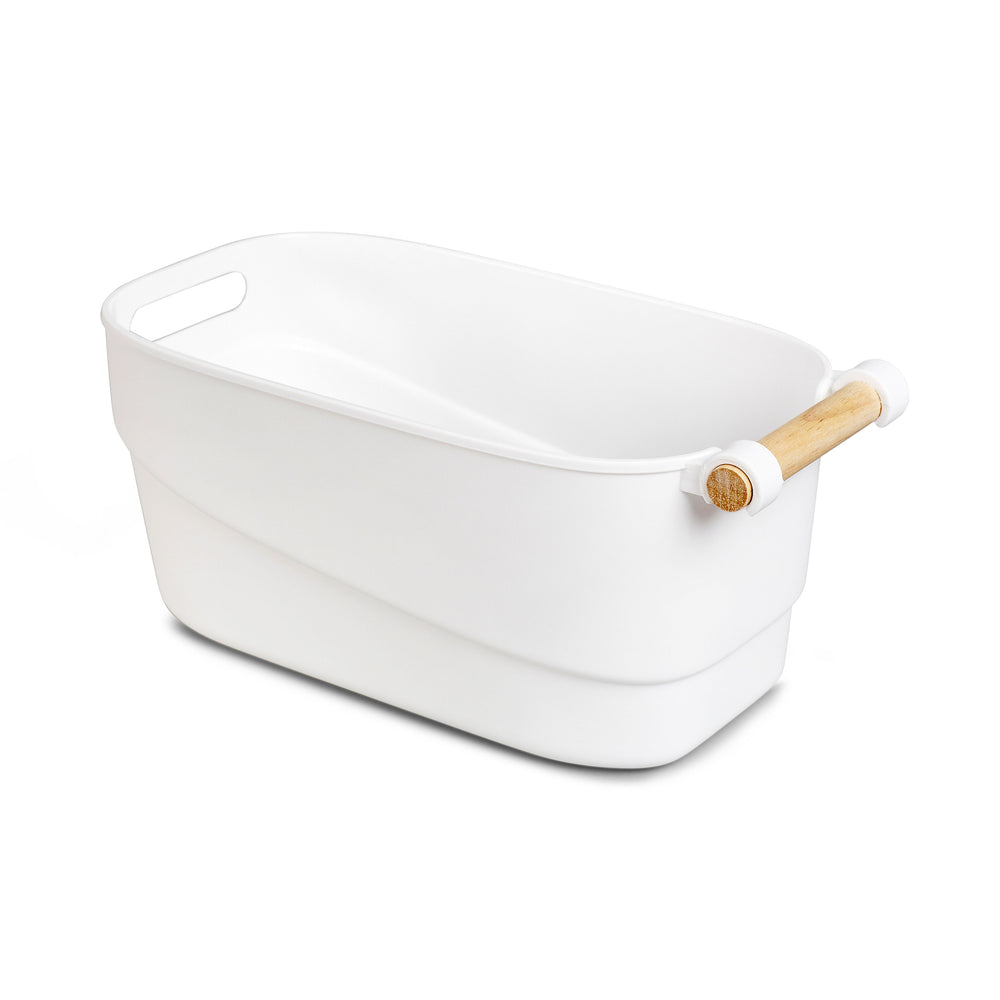 Laundry Storage Tub w/ Wooden Handle | White Medium